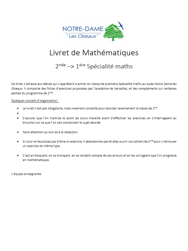 Livret Maths 2nde 1ere Spe Notre Dame Les Oiseaux VF | PDF