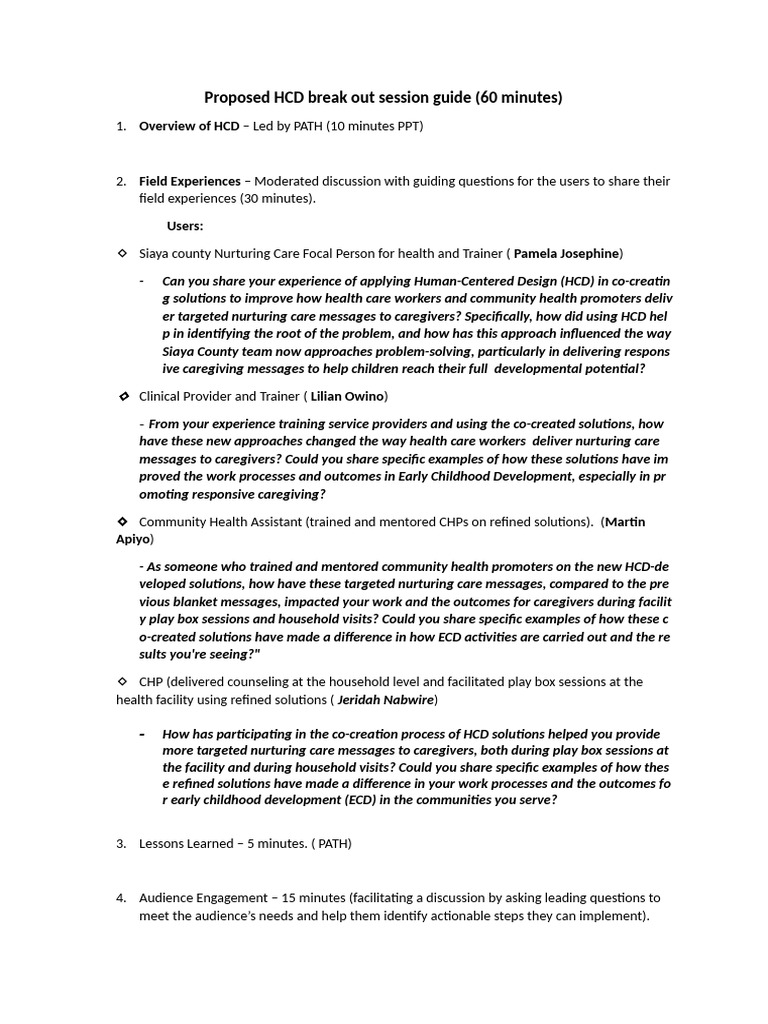 Proposed HCD break out session guide | PDF