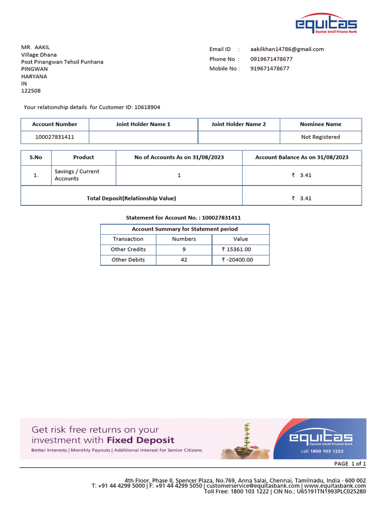 Eq Savings Account Statement 31-08-2023 10618904 | PDF