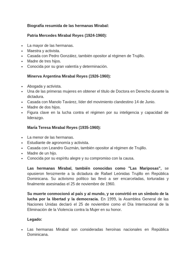 Biografía de las Hermanas Mirabal | PDF | República Dominicana ...