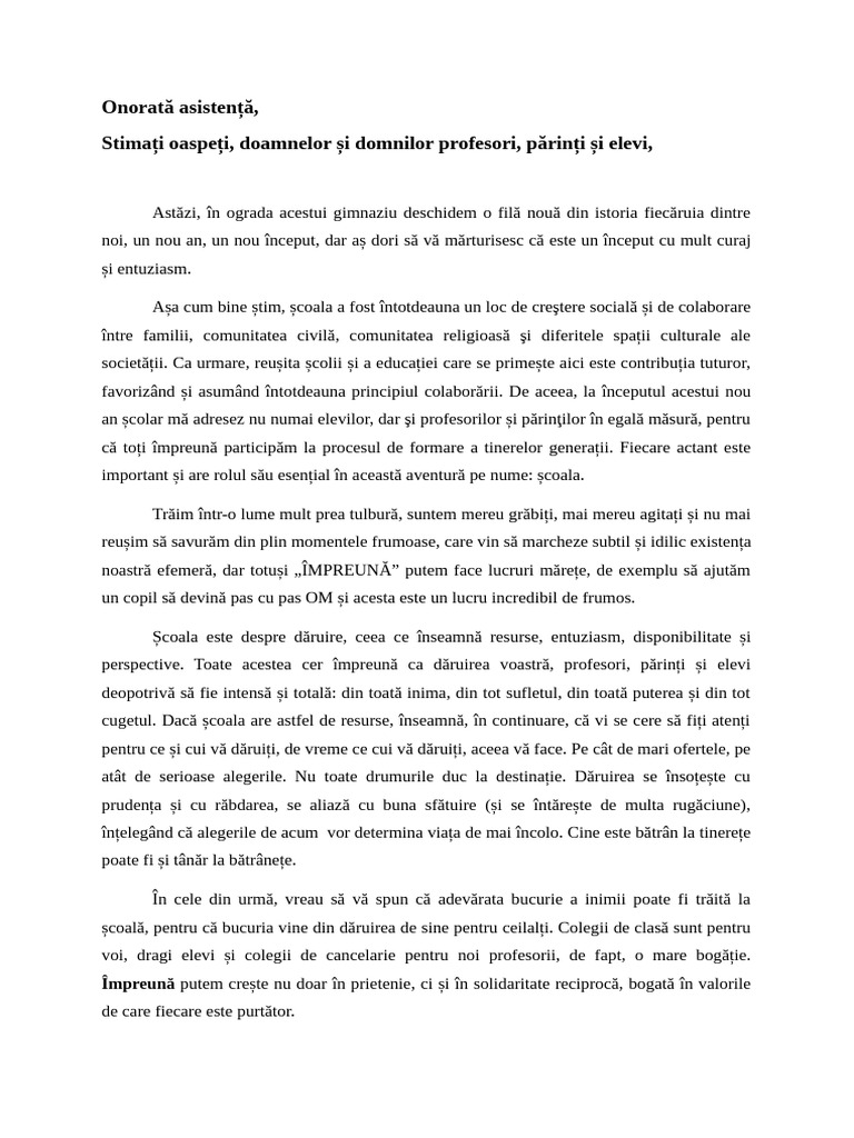 Discurs - 1 Septembrie | PDF