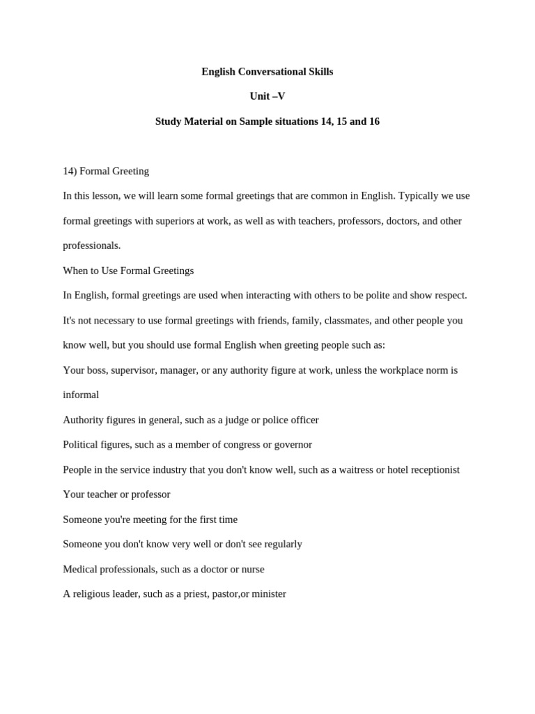 English Conversational Skills- Unit 5 | PDF