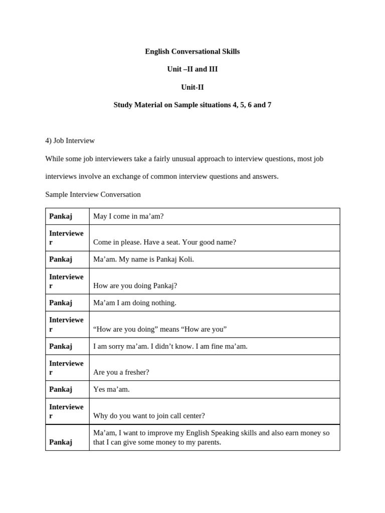 English Conversational Skills- Unit 2 & Unit 3 | PDF