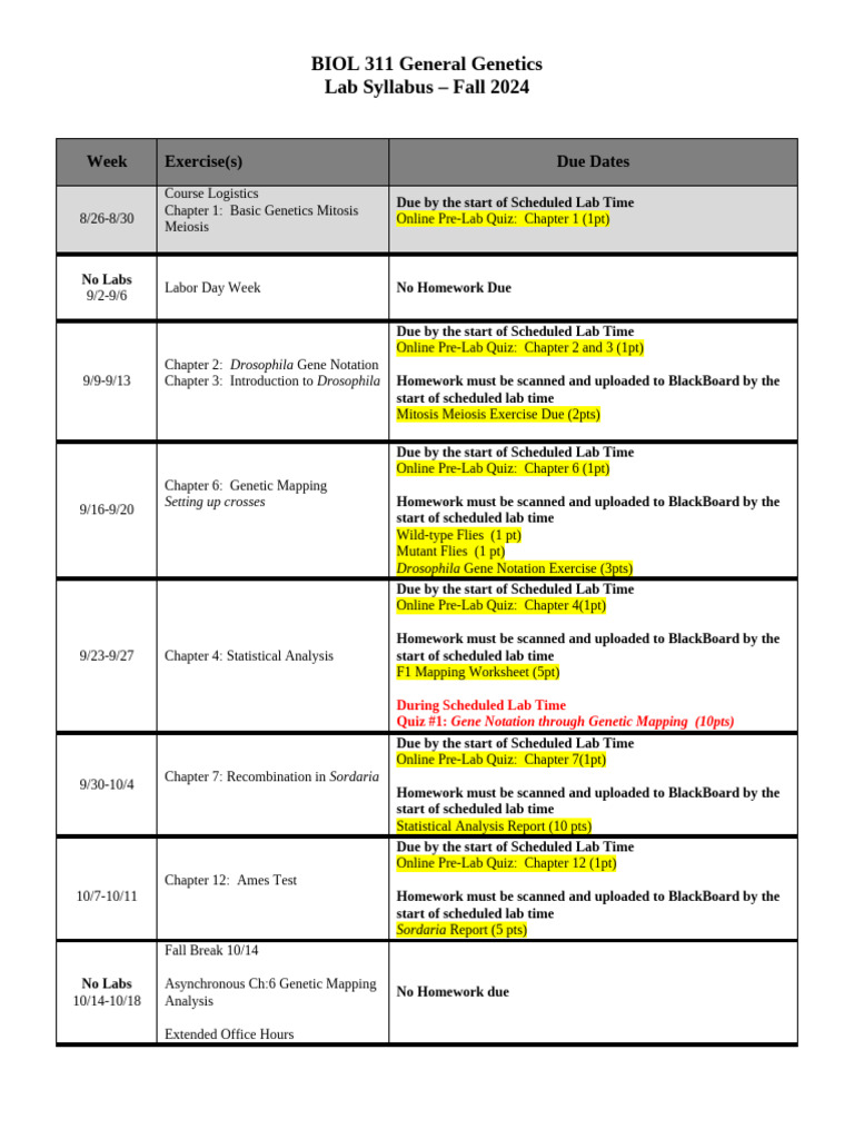 BIOL 311 Lab Syllabus - Fall24 - Draft | PDF