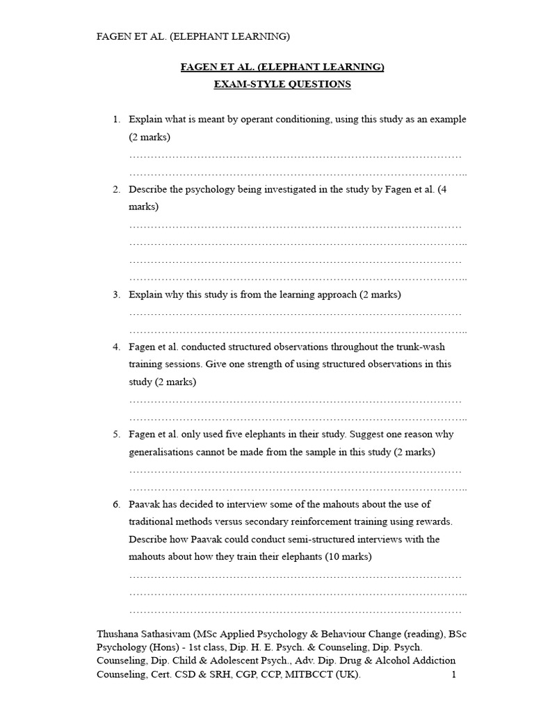 Fagen Et Al. (Elephant Learning) - Classfied Questions | PDF