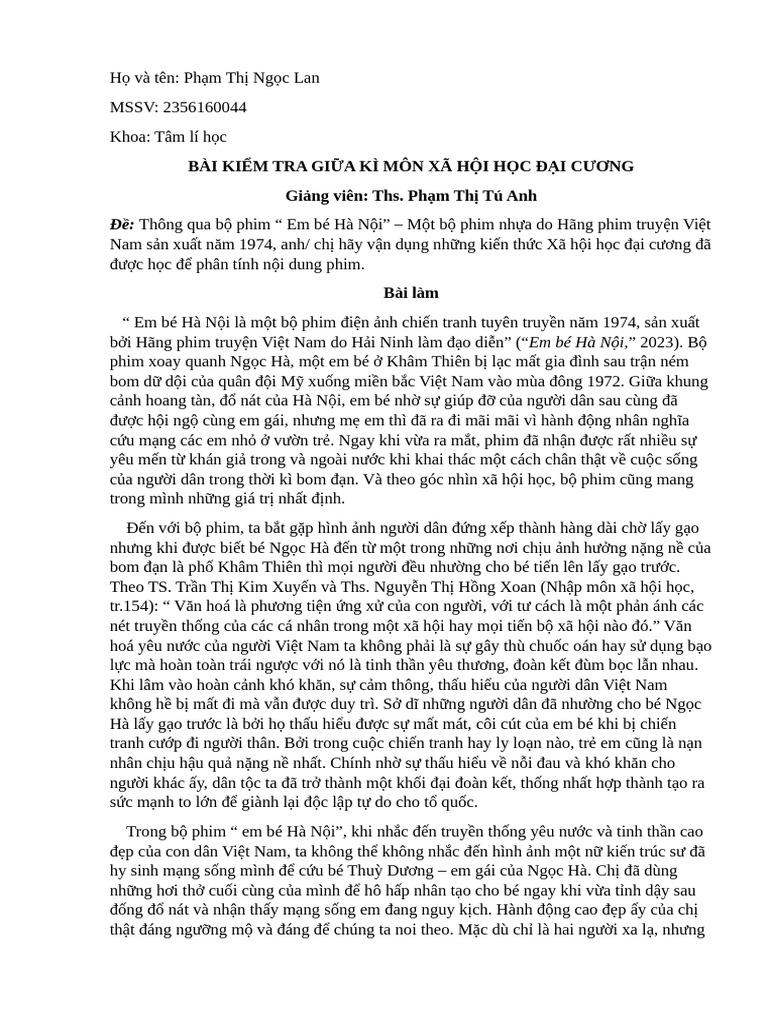 Bài Tiểu luận Xã hội học đại cương- Phạm Thị Ngọc Lan | PDF