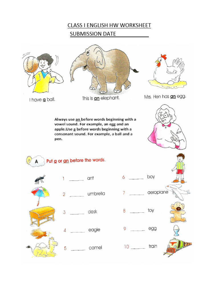 CBSE Class 1 English Worksheets (63) - A An | PDF