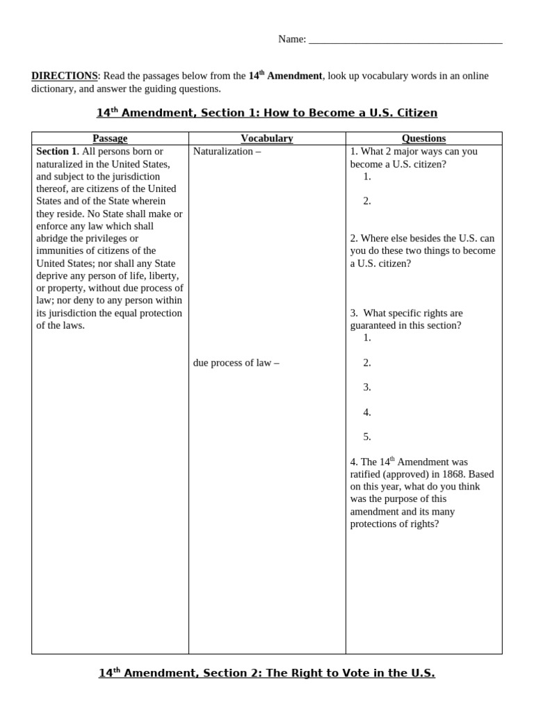 US Government - Worksheet - 14th Amendment - Citizenship and Voting ...