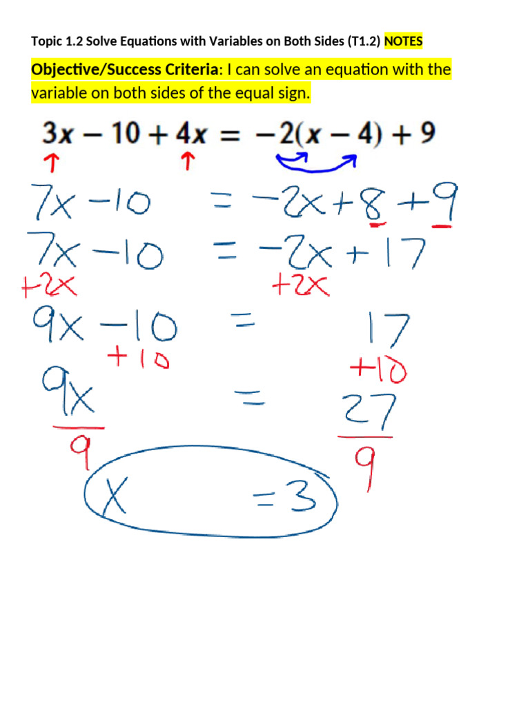 Objective/Success Criteria:: I Can Solve An Equation With The Variable ...