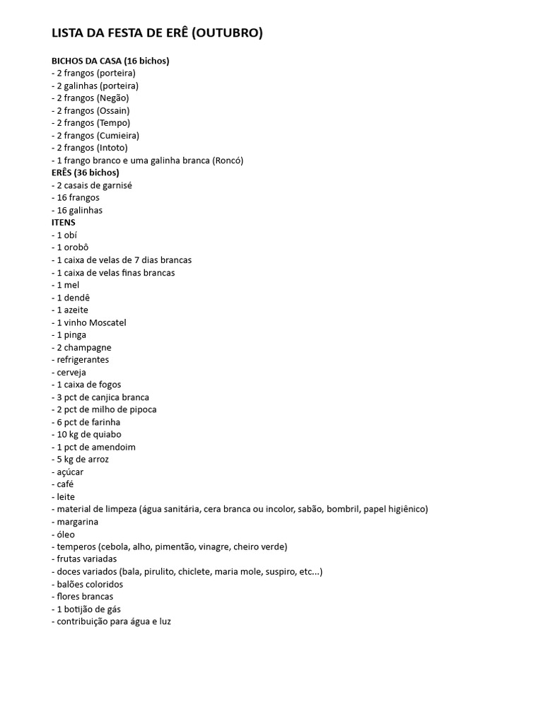LISTA DA FESTA DE ERÊ | PDF