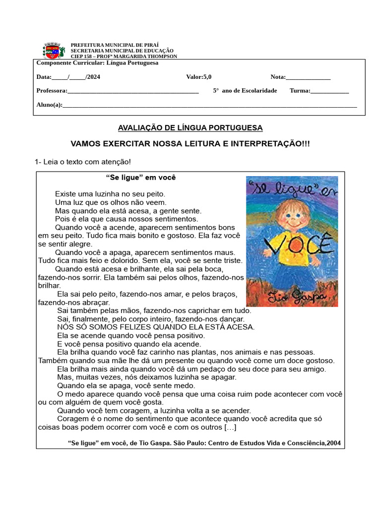 Avaliação de Portugues 3° Bim | PDF
