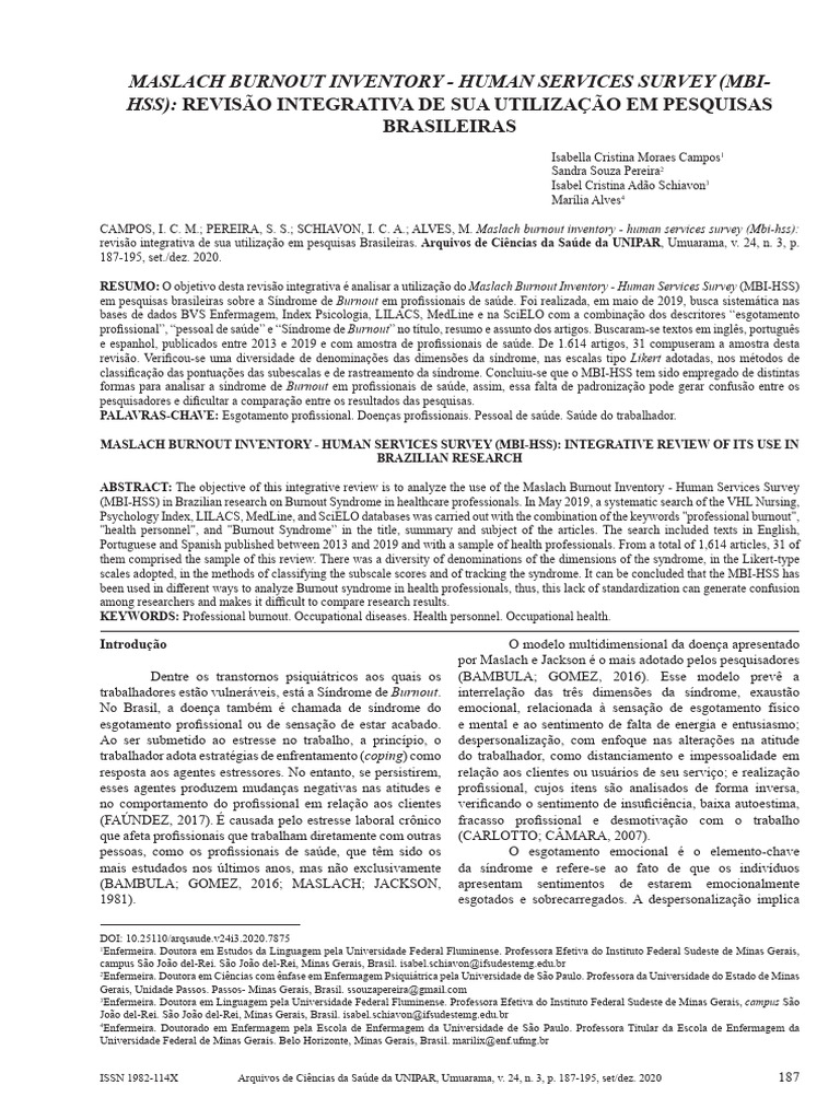 Maslach Burnout Inventory - Human Services Survey (Mbi-Hss) Revisão ...