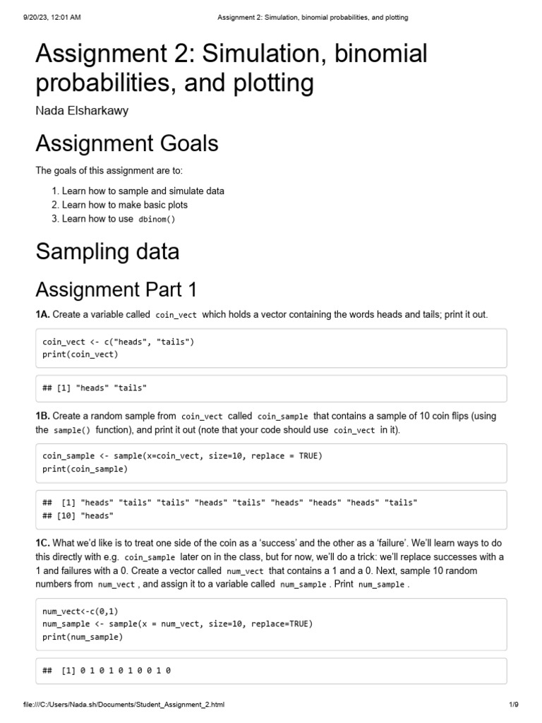 Assignment 2 - Simulation, Binomial Probabilities, and Plotting | PDF