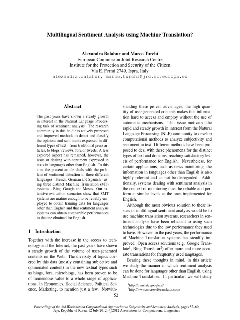 Multilingual Sentiment Analysis Using Machine Translation | PDF