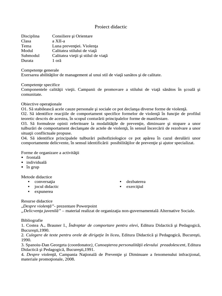 Proiect Didactic Violenta | PDF