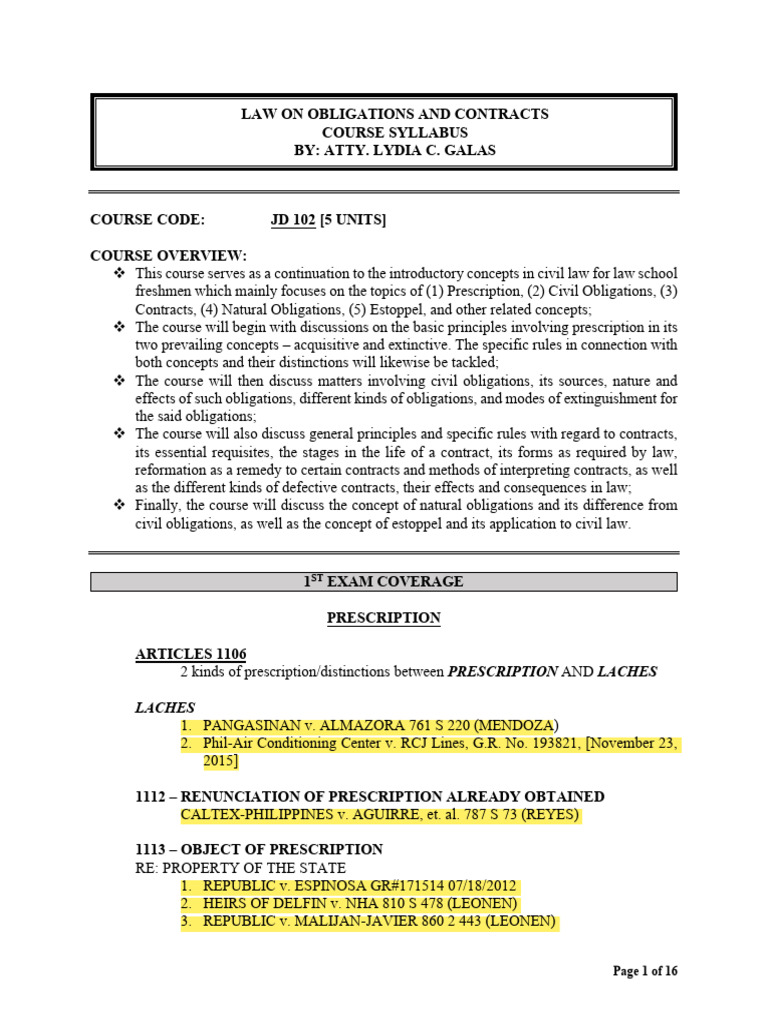 JD 102 Syllabus and Case List SY2021 2022 | PDF