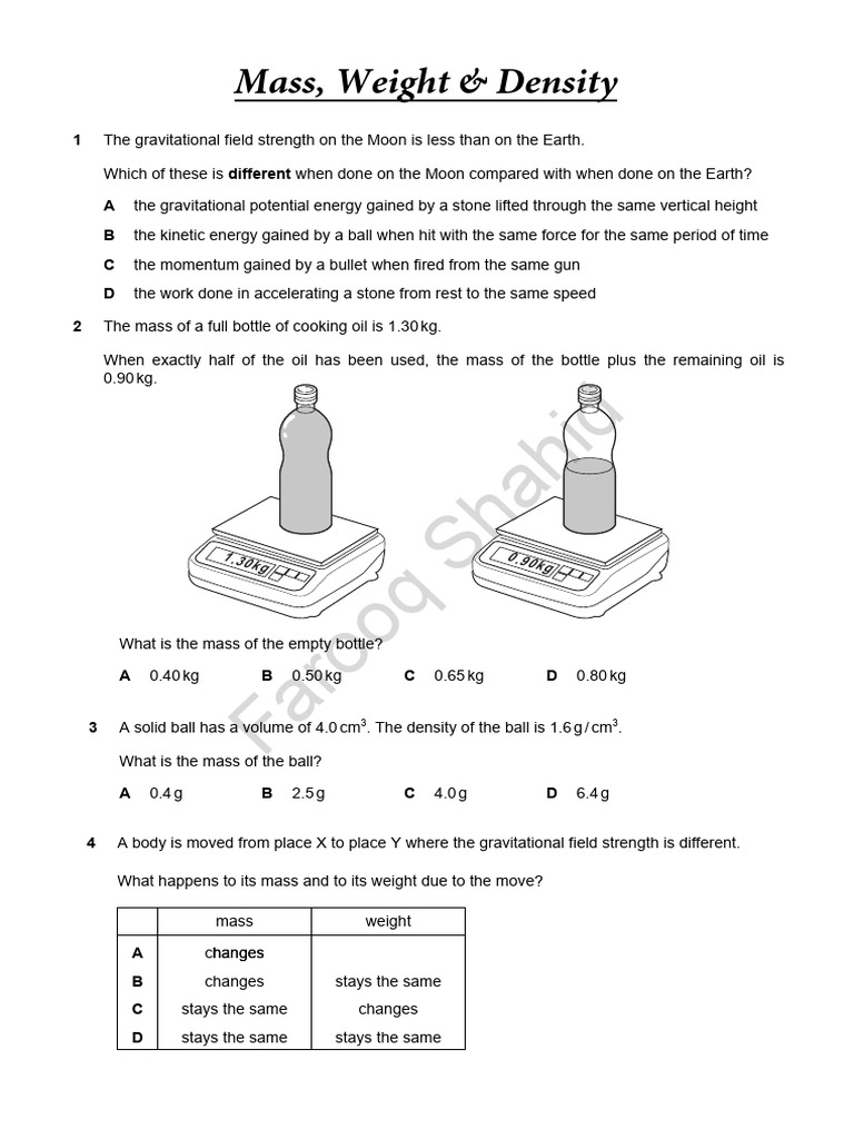 Mass, Weight and Density MCQ | PDF
