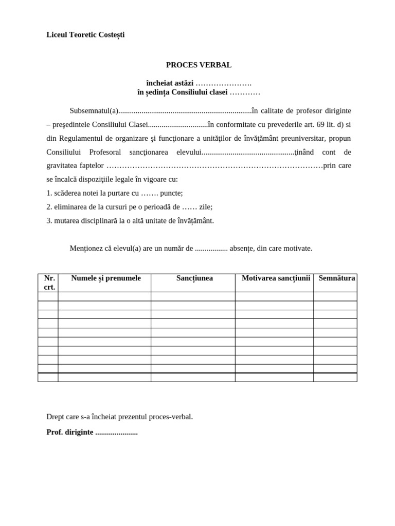 Proces verbal Consiliul clasei_sanctiuni | PDF