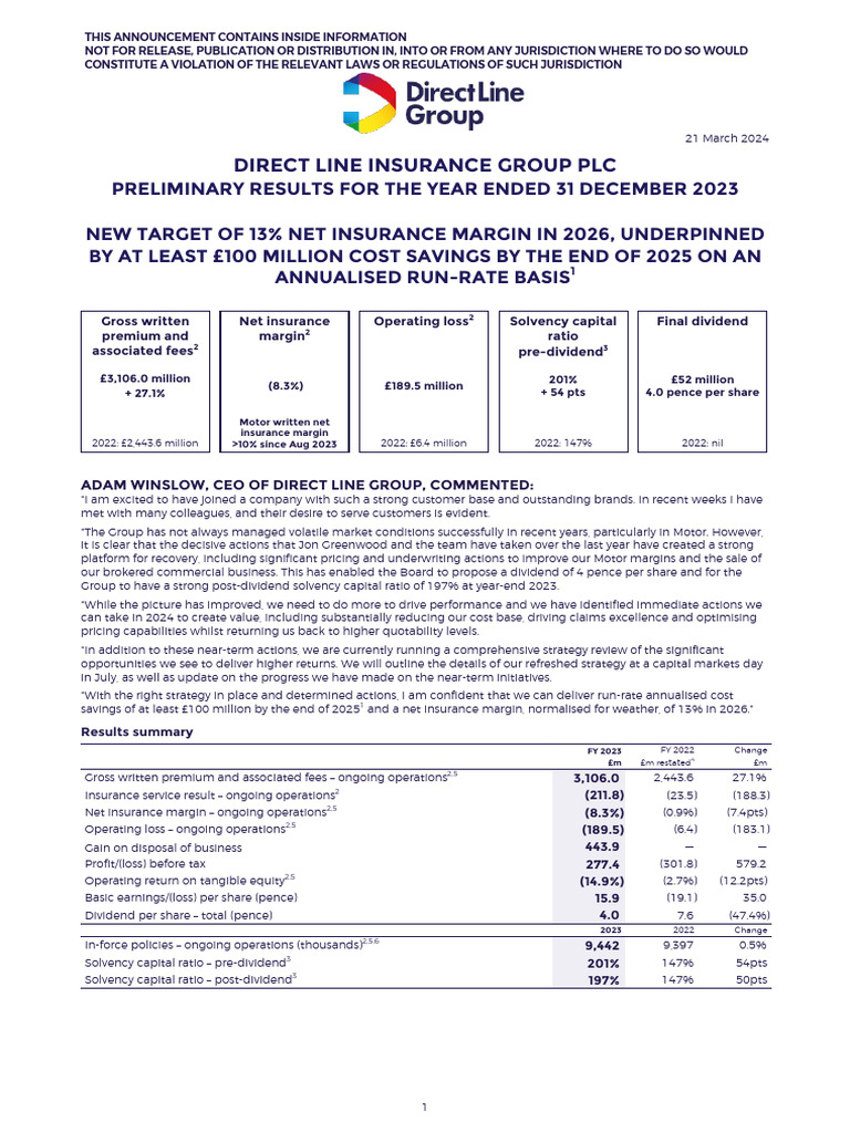 Direct Line Group 2023 Preliminary Results | PDF
