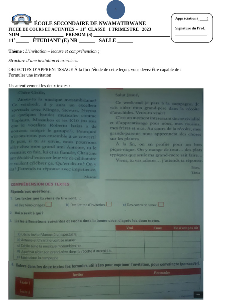 Fiche de COURS ET ACTIVITES NWAMATIBWANA NR 2 11 Classe I Trimestre ...