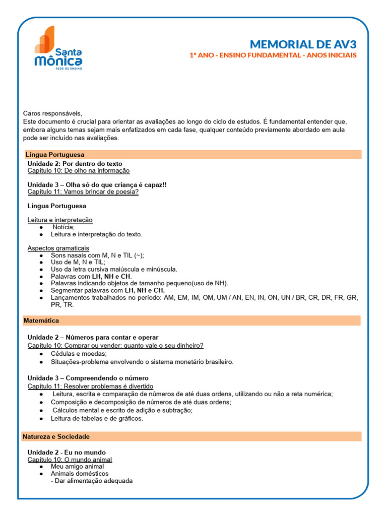 Memorial AV3 - 1º Ano | PDF