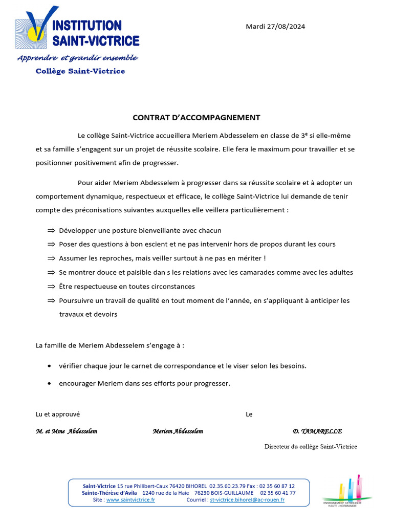 Contrat D'accompagnement Meriem Abdesselem Aout 2024 | PDF