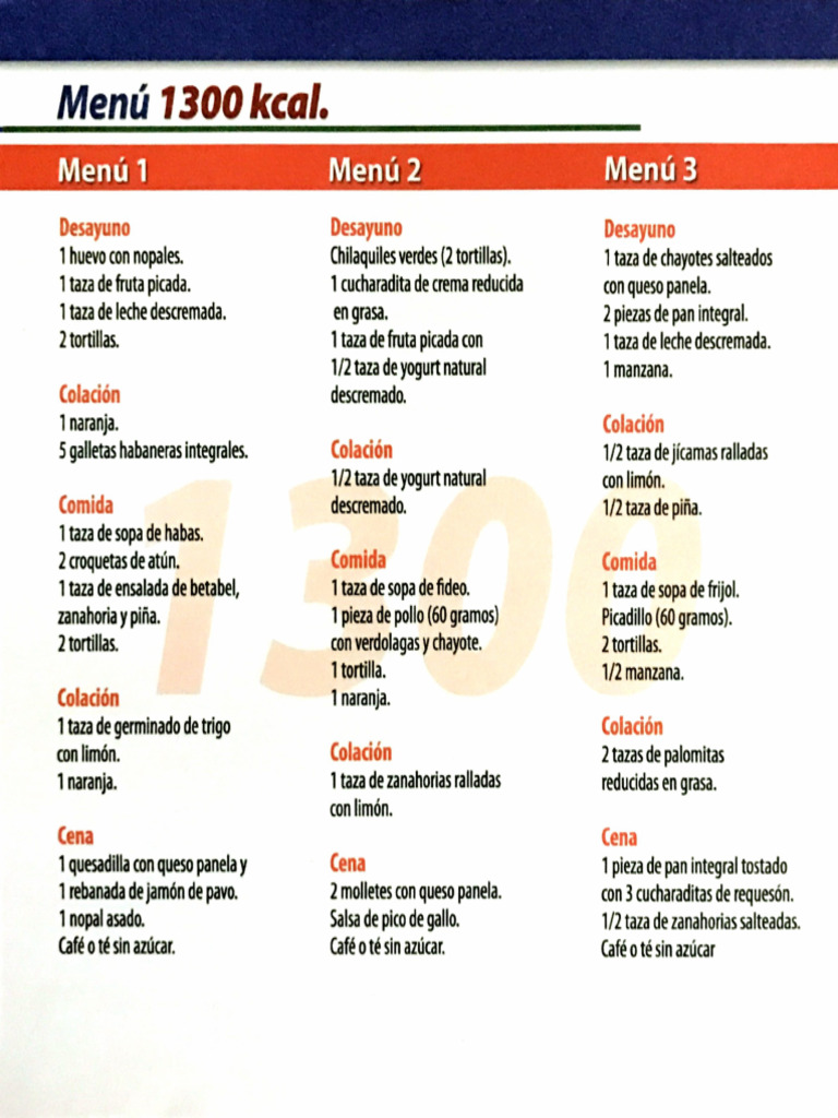 Dieta Menú 1300 Kcal | PDF