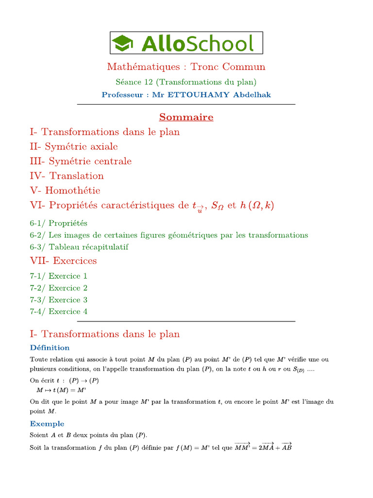 Seance 12 Transformations Du Plan 1 | PDF