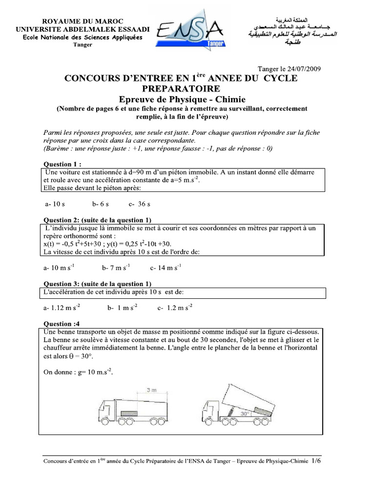 Ensa Tanger 2009 Phy | PDF