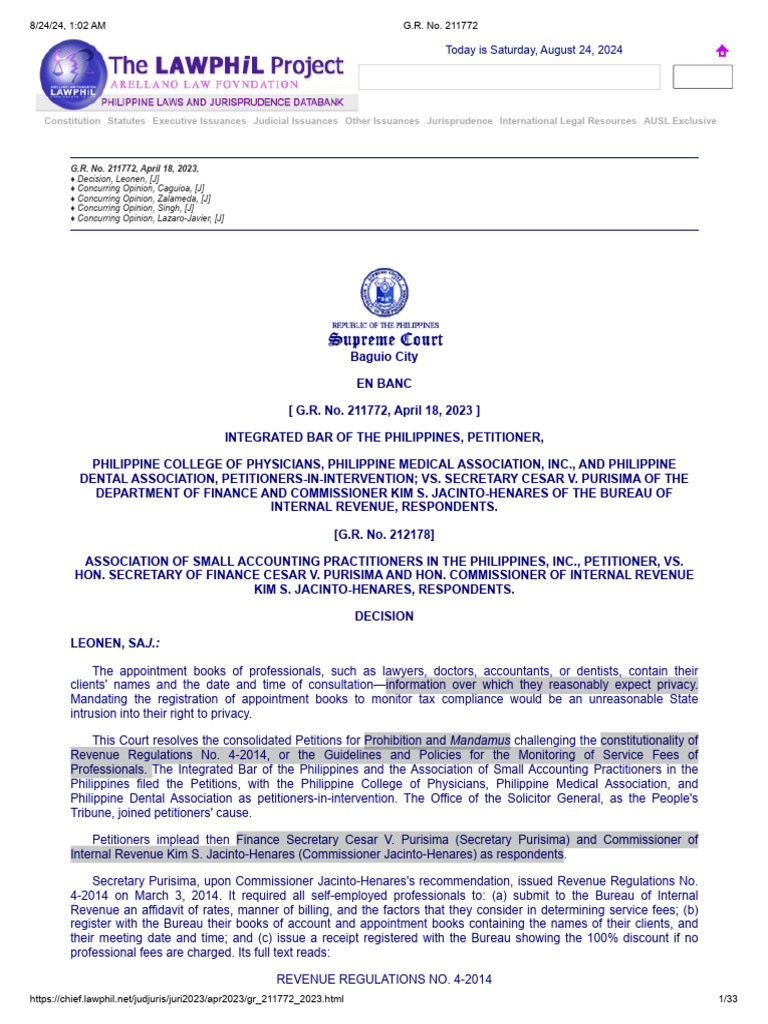 Judicial Review - G.R. No. 211772 - Philippine College of Physicians V ...