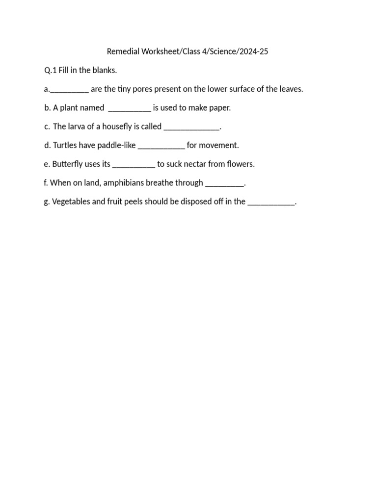 Remedial Worksheet Class 5 Science 20242025 | PDF