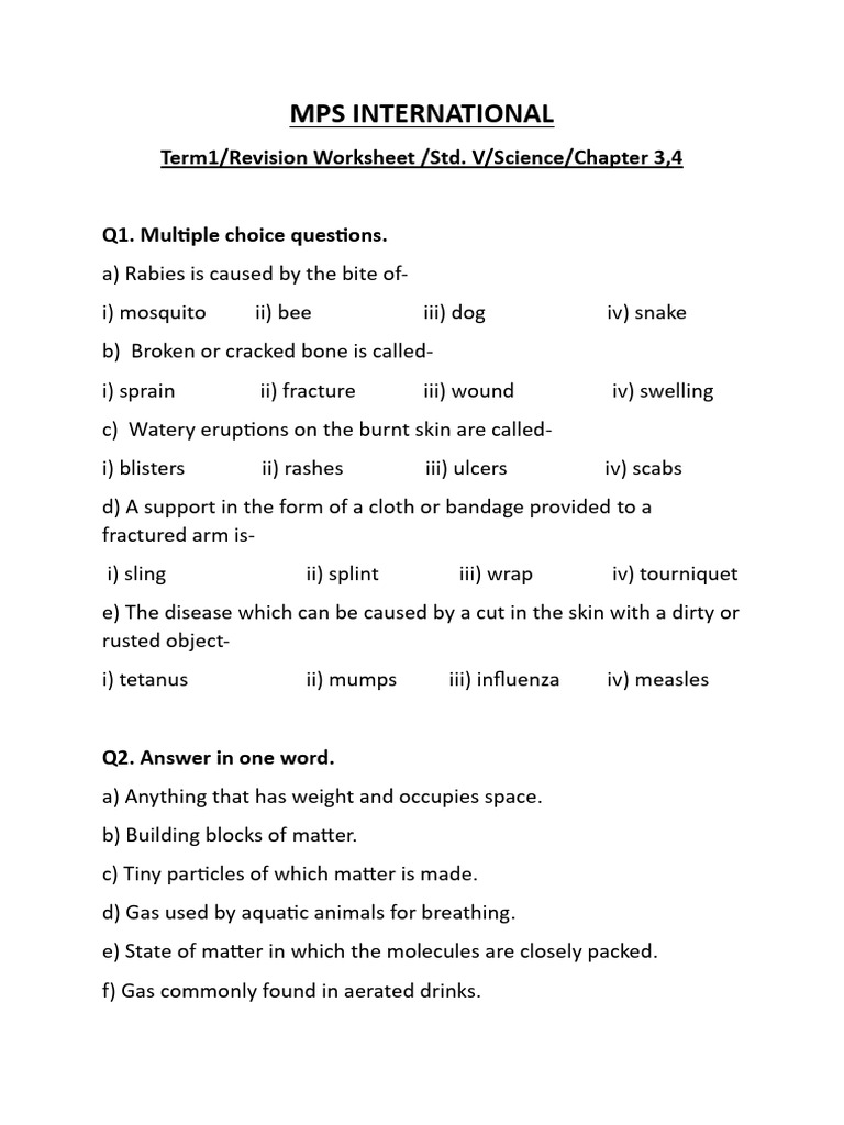 Revision Worksheet Term1 Class5 CH 3 and 4 | PDF