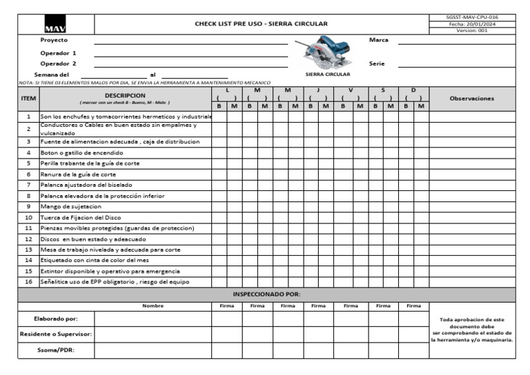 chek list sierra circular | PDF