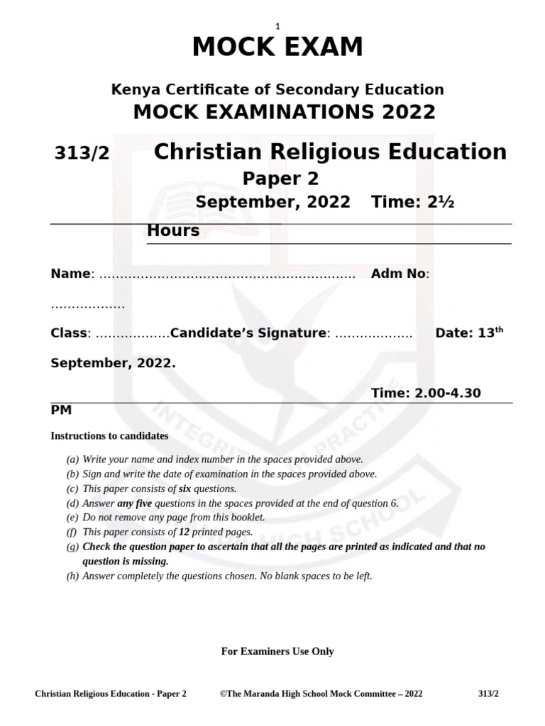 CRE P2 QS Maranda High School Mock 2022 | PDF