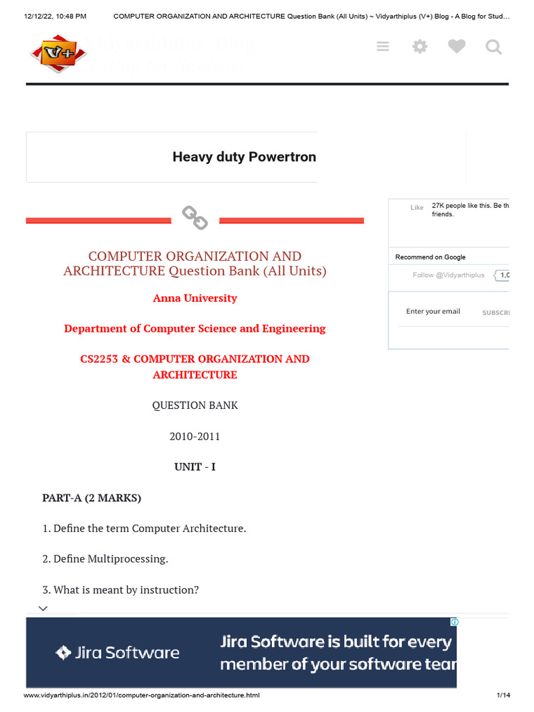 COMPUTER ORGANIZATION AND ARCHITECTURE Question Bank (All Units) | PDF | Computer Memory ...