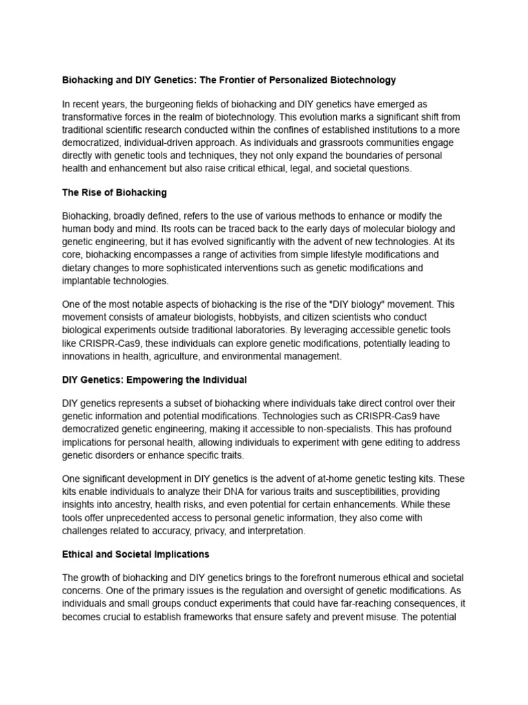 Biohacking and DIY Genetics - The Frontier of Personalized Biotechnology | PDF