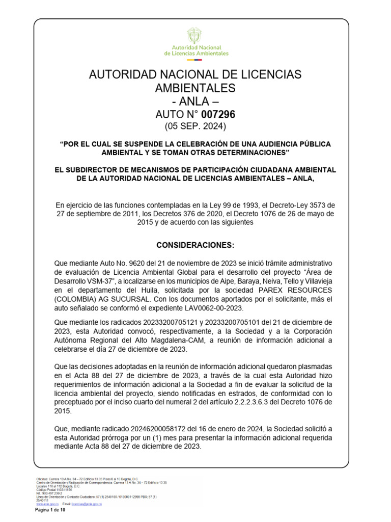 Autoridad Nacional de Licencias Ambientales - Anla - : Auto N° | PDF