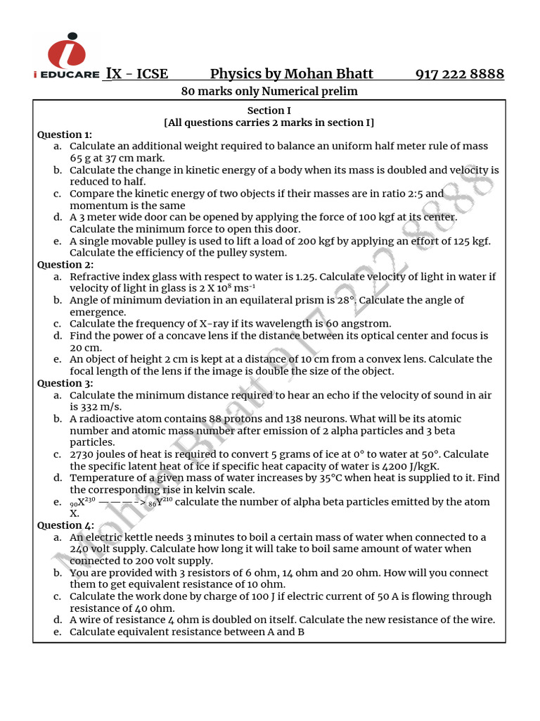 Physics 80 Marks Numerical | PDF