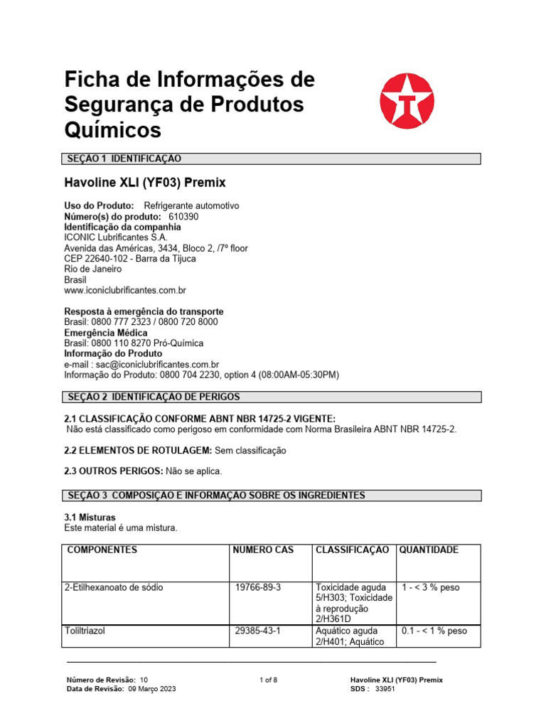 FDS - Havoline XLI (YF03) Premix - Liquido de Arrefecimento - Atualizada 2023 | PDF