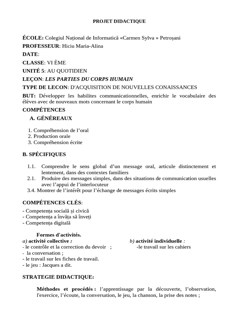 Projet Didactique Les Parties Du Coprs Humain | PDF
