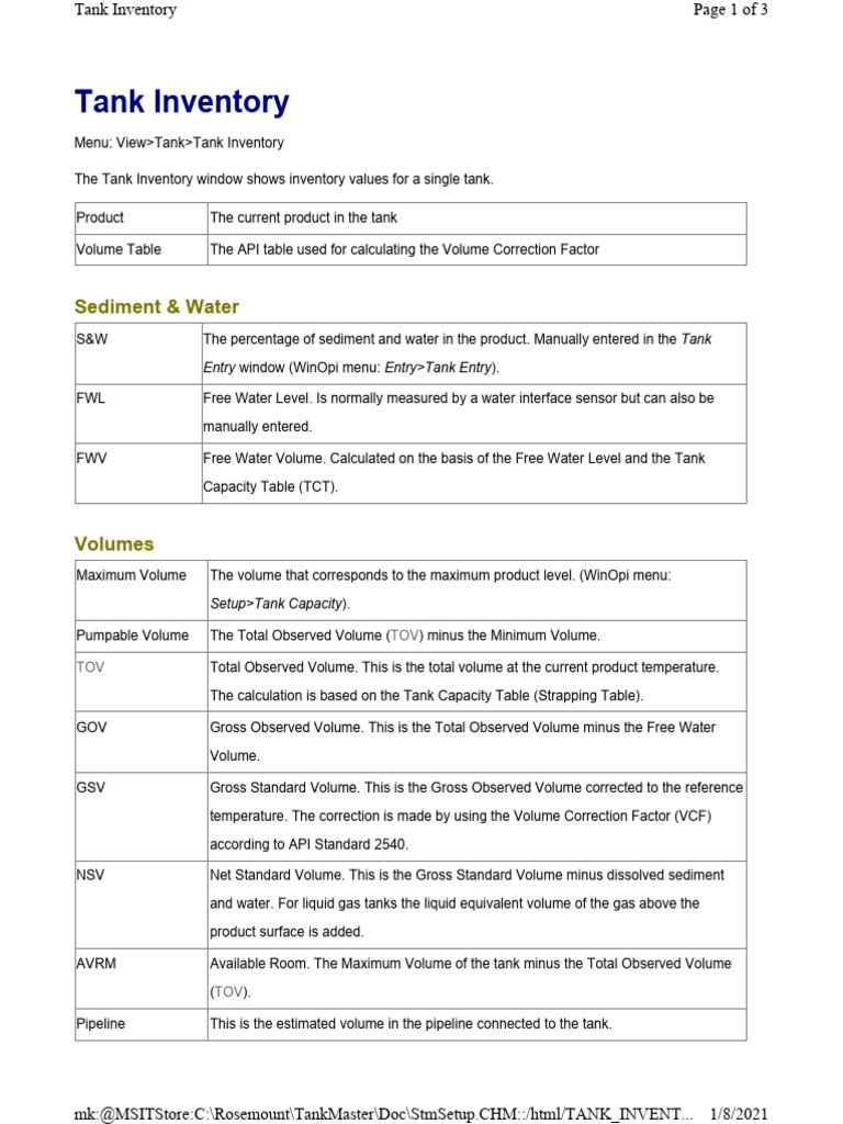 Tank Inventory Definitions | PDF