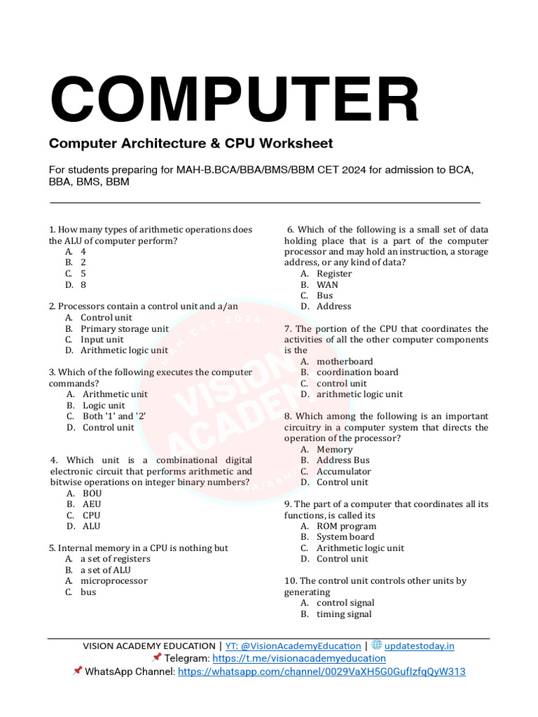 Computer Architecture & CPU Worksheet Vision Academy | PDF