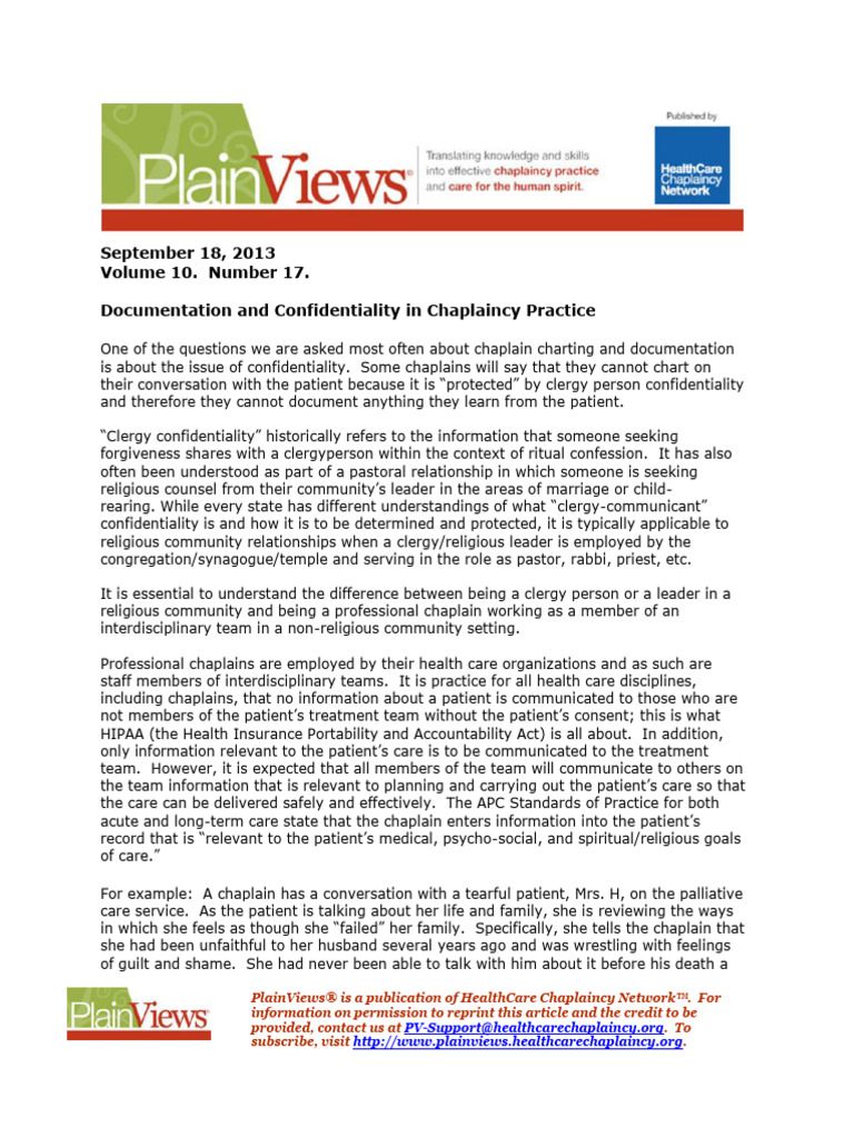 Documentation Confidentiality Chaplain - Handzo and Wintz 2013 | PDF