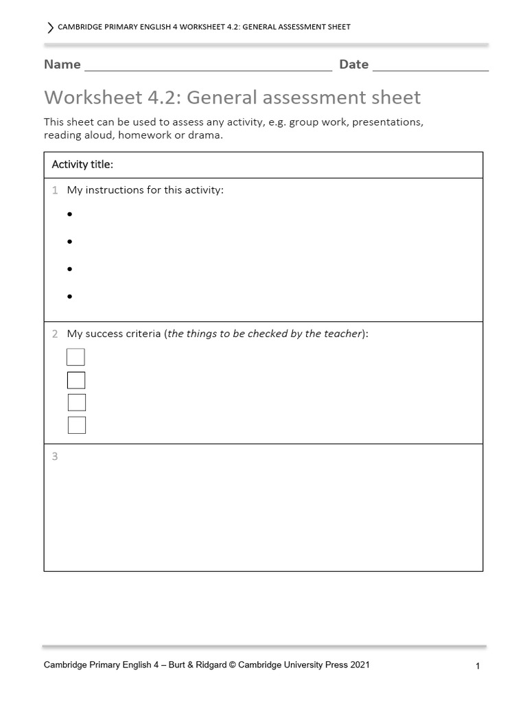 Pri Eng 2ed Tr4 Worksheet 4.2 General Assessment Sheet | PDF