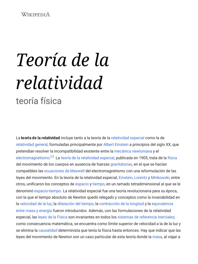 Teoría de La Relatividad - Wikipedia, La Enciclopedia Libre | PDF
