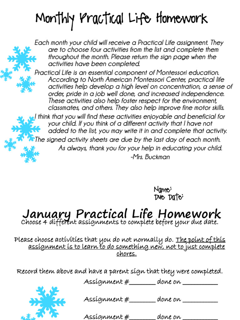 January Practical Life Homework | PDF