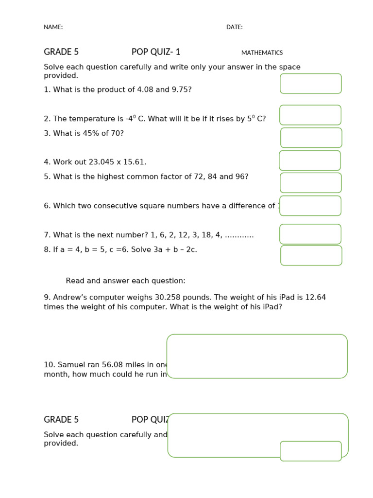 Grade 5 Pop Quizzes | PDF