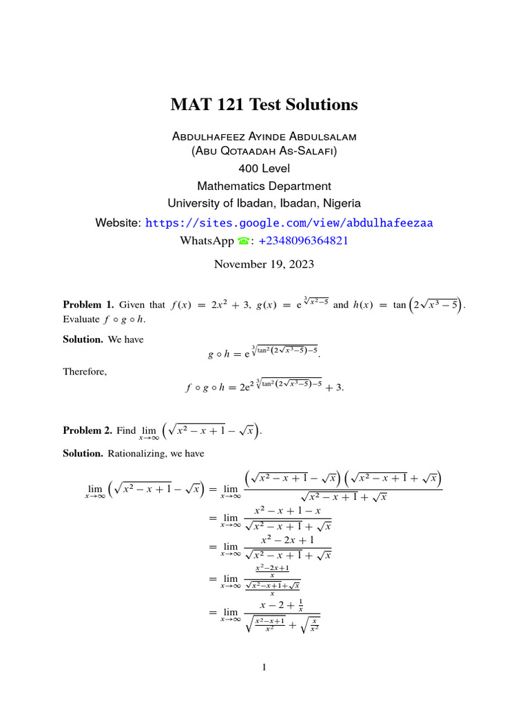 MAT 121 Second Test Solutions | PDF