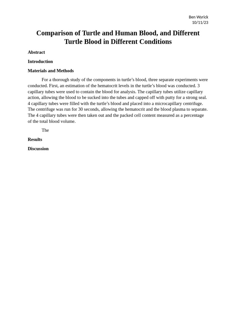 Turtle Blood Analysis Lab Report | PDF