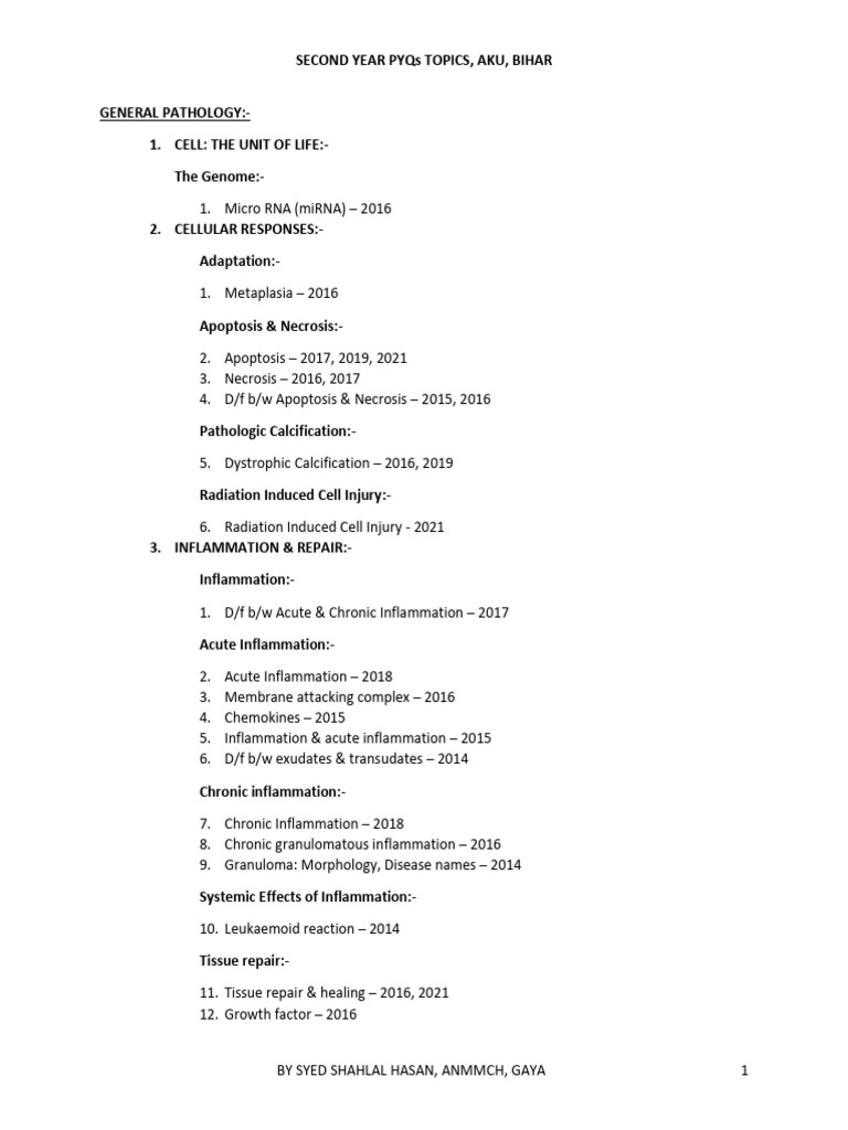 Pathology Pyqs Topics | PDF